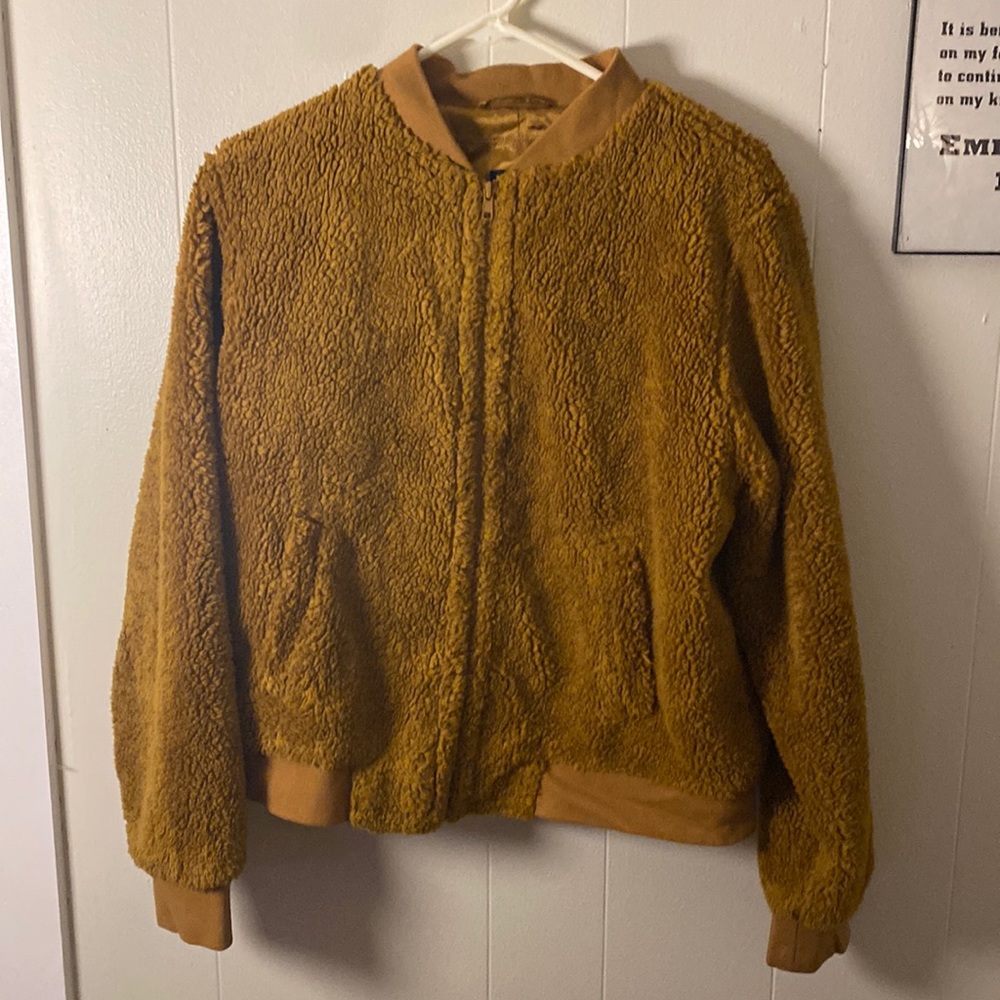 Large Gold J Crew Teddy Bear Bomber Fake Fur - Gem
